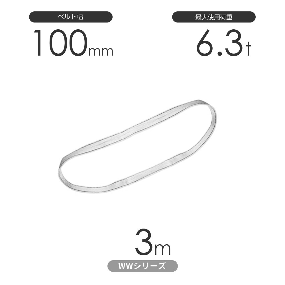 日本製のナイロンスリング 丸善織物のWWシリーズ（未染色） エンドレス形（N型）幅100mm×3mです。 適度な伸びが吊り上げた時の衝撃を和らげる耐摩耗性に優れたナイロン素材のベルトスリングです。 ベルトは外側2層がナイロン、芯部がポリエス...