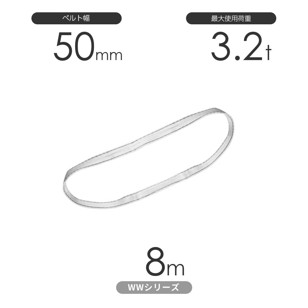 日本製のナイロンスリング 丸善織物のWWシリーズ（未染色） エンドレス形（N型）幅50mm×8mです。 適度な伸びが吊り上げた時の衝撃を和らげる耐摩耗性に優れたナイロン素材のベルトスリングです。 ベルトは外側2層がナイロン、芯部がポリエステ...