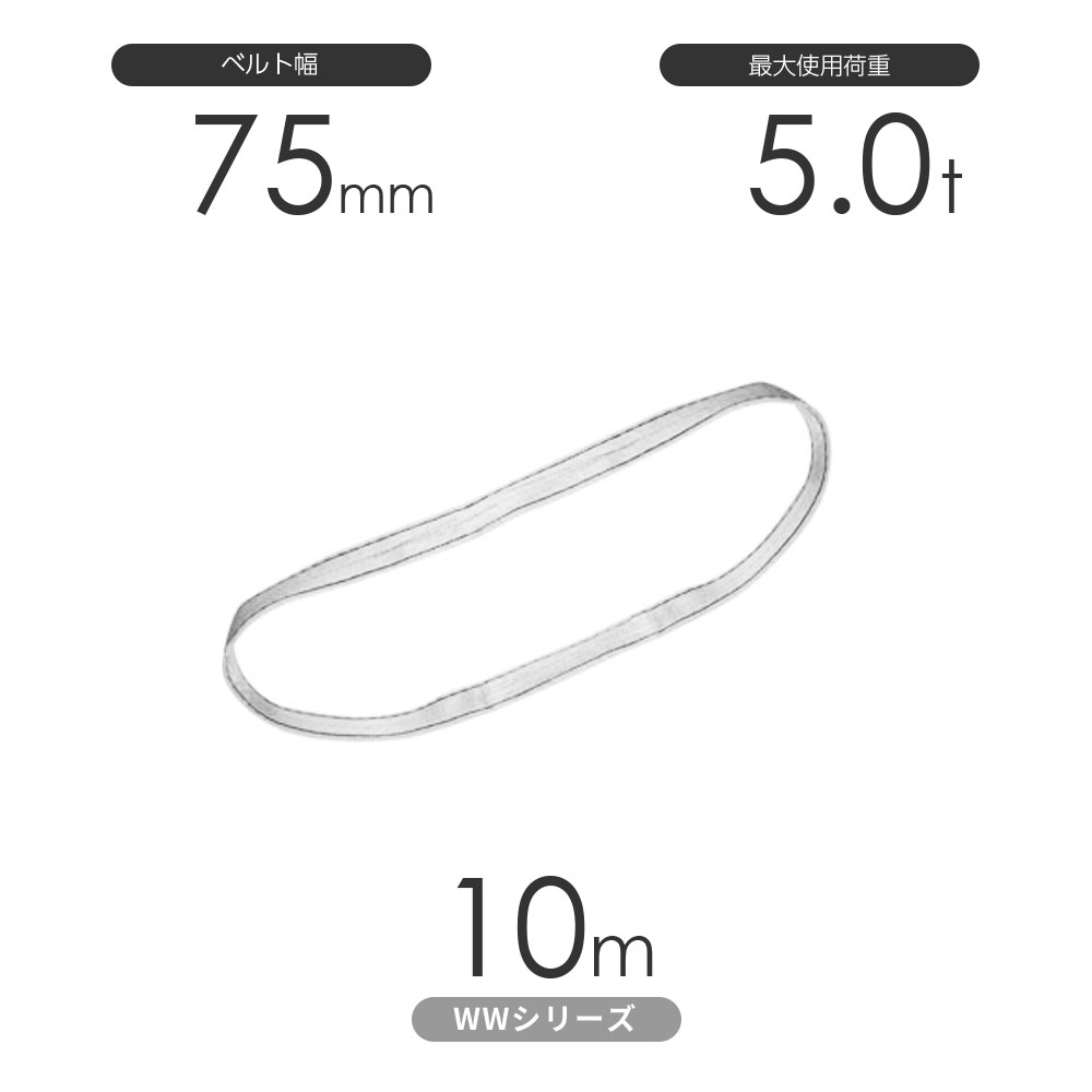 日本製のナイロンスリング 丸善織物のWWシリーズ（未染色） エンドレス形（N型）幅75mm×10mです。 適度な伸びが吊り上げた時の衝撃を和らげる耐摩耗性に優れたナイロン素材のベルトスリングです。 ベルトは外側2層がナイロン、芯部がポリエス...
