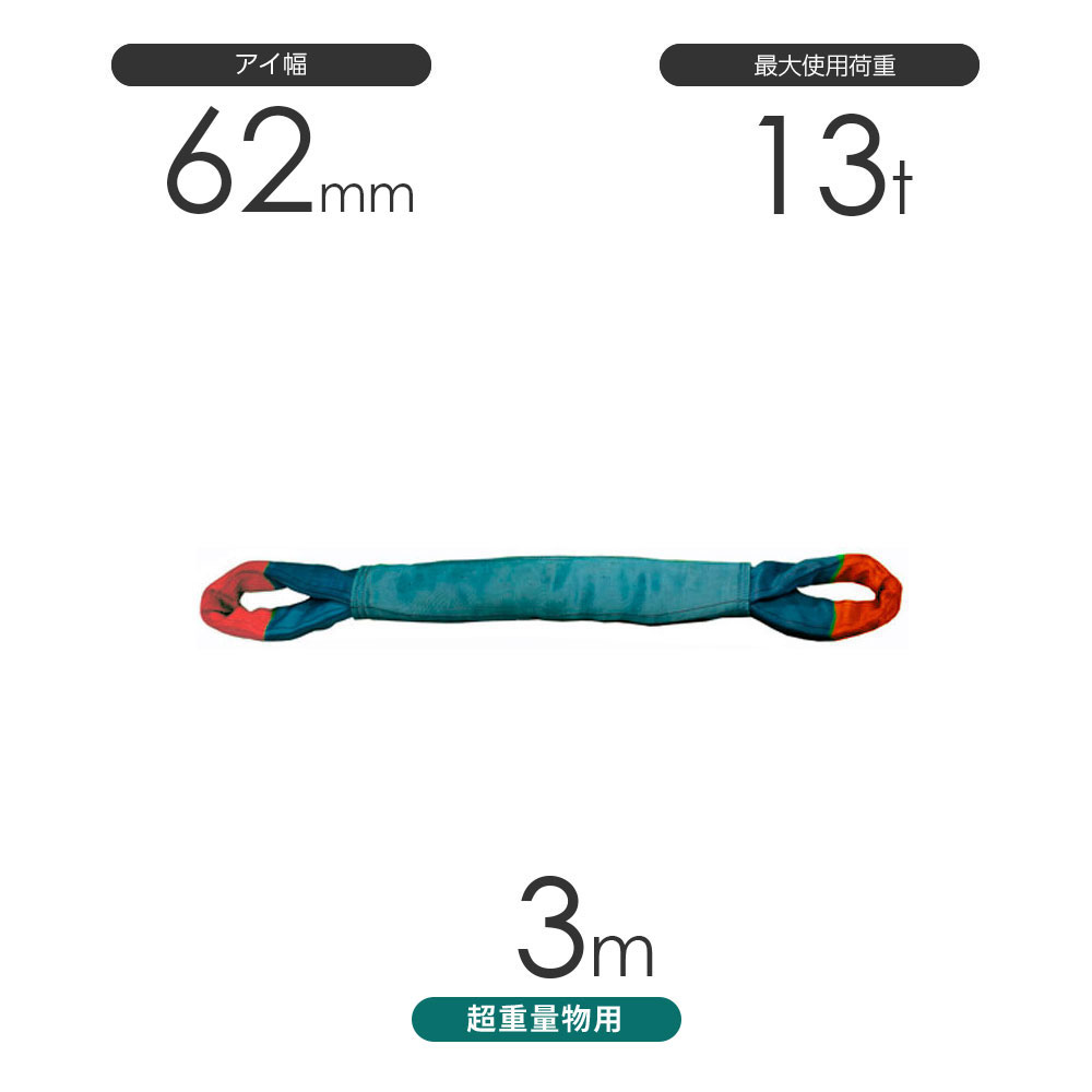 日本製の超重量物用ソフトスリング 豊彰繊維工業のトップスリング 両端アイ形（TTE型）使用荷重:13t×3mです。 国内有名ブランド原糸を使用し、特許製法で仕上げた非常に柔らかく、吊り荷にフィットし荷を傷つけないソフトスリングです。 無縫製...