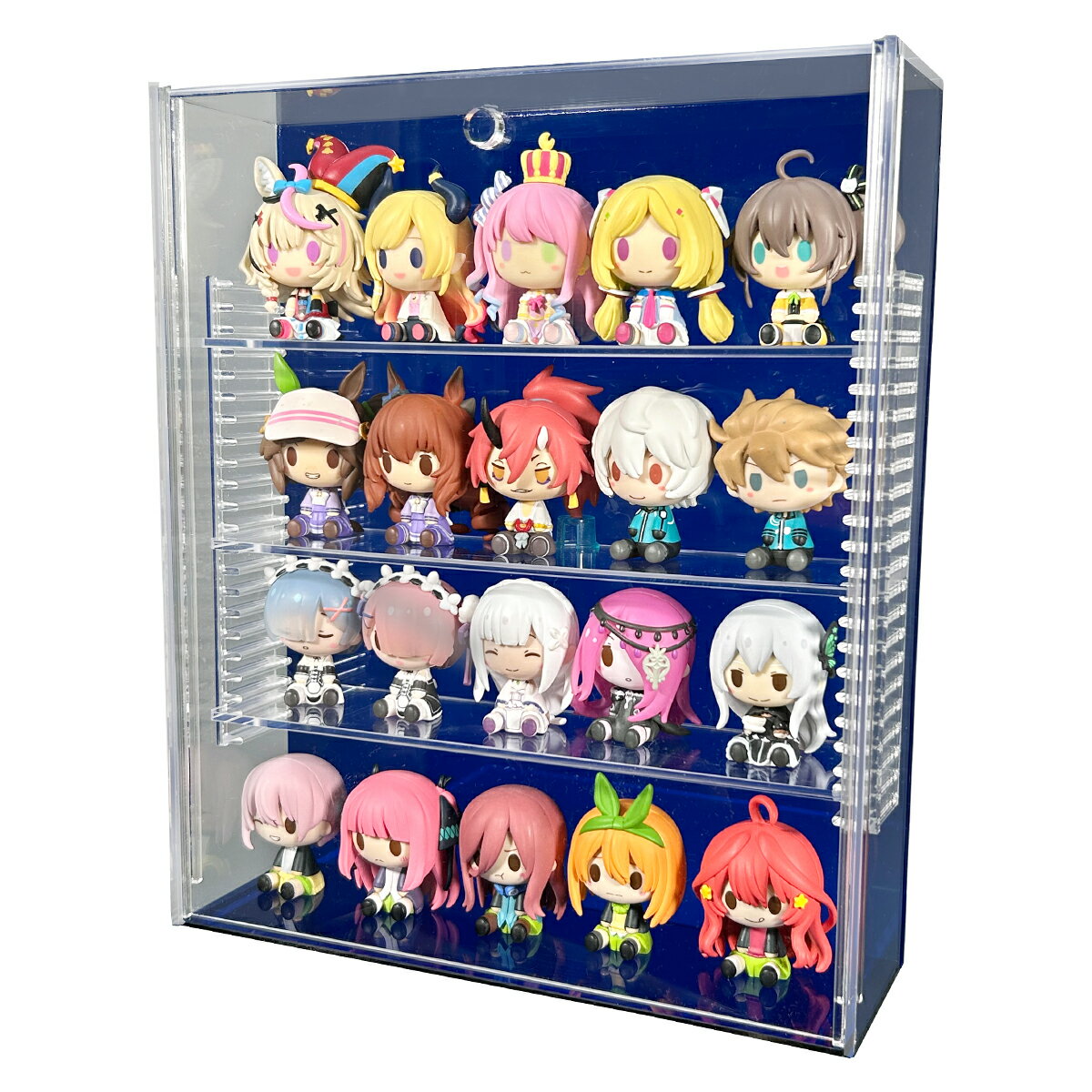 サイズ：幅22cm×奥行6.5cm×高25.8cm　 棚板:内寸幅20.5cm×5cm　※設置物は余裕を持ってさらに5mm以下でお考えください天板・脇板・：アクリル透明　背板・底板：ネイビー前板：アクリル透明 棚板は、ご希望が無い場合にはク...