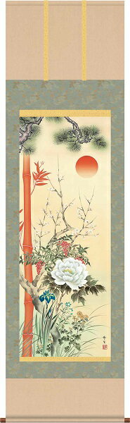 メーカーより直送のため、代引決済はご利用できません。 7営業日前後にて発送いたします。由緒正しい開運掛け軸 開運花鳥画 尺三サイズ幅44.5cm×164cm 洛彩緞子本表装 化粧箱収納 四季を彩る吉祥の名花が一堂に咲き誇る 四季百花繚乱之図...