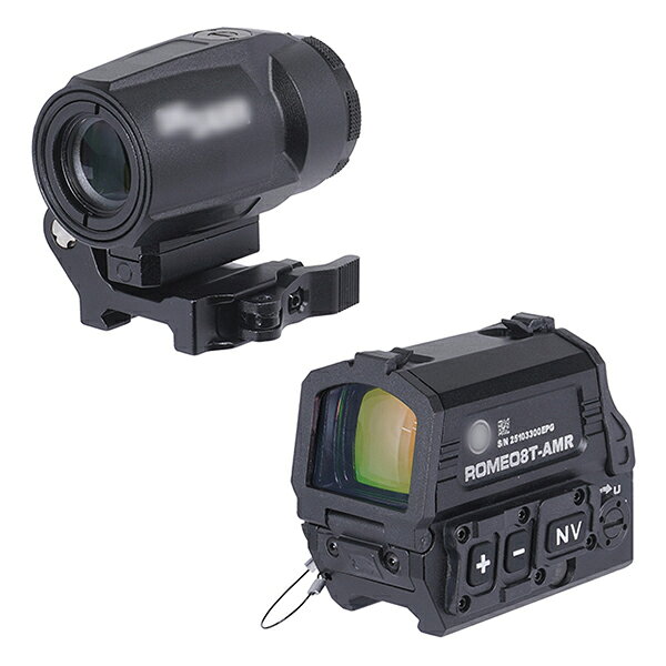 SIG SAUER社製 リフレックスドットサイト ROMEO8T AMRと、 ドットサイトに約3倍の倍率を付加しミッドレンジスコープとしての活用を可能とする JULIET3T AMR マグニファイアをモチーフに製作されたドットサイトセットで...