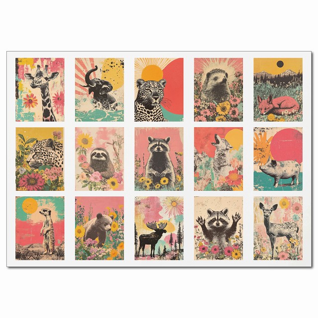 【デザイン】 キリン、ヒョウ、ハリネズミ、ゾウなど、様々な動物と花柄、太陽モチーフを組み合わせたレトロポップなデザインです。 【サイズ】 A4シート（210×297mm）に15種類のデザインを収録しています。 【カット済み】 デザインに沿っ...