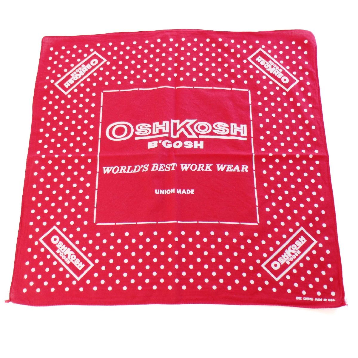 商品詳細 〜80s【OSHKOSH B'GOSH】のバンダナです。MADE IN USA一辺に耳付きカラー：赤×白素材：100% COTTON大きさ：約50.5cm×54cm多少の誤差はご了承ください。コンディション：多少の使用感があり、3...