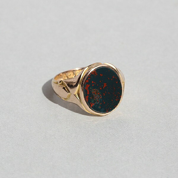 BRITISH 1872 H&U BIRMINGHAM HALLMARKED BLOODSTONE 15CT/15K GOLD SIGNET RING JP15.5 1872年イギリス製、バーミンガム・アッセイオフィスのホールマークが刻まれ...