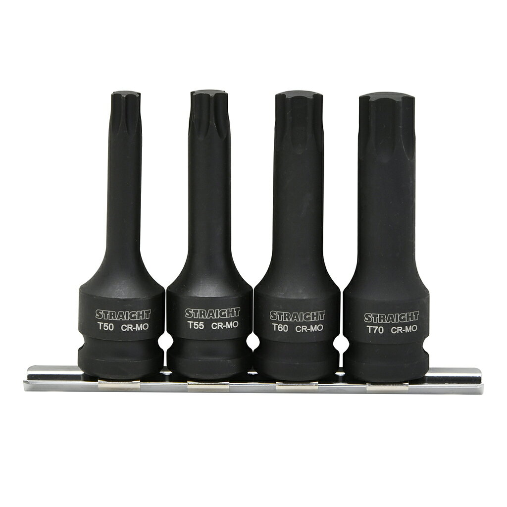 [保証] 初期不良保証■ソケットレールが付属します。[差込角] 1/2"(12.7mm)[サイズ] T50、T55、T60、T70[全長] 各78mm[材質] クロームモリブデン鋼インパクトレンチ対応のヘクサロビュラビットソケットのセット商...