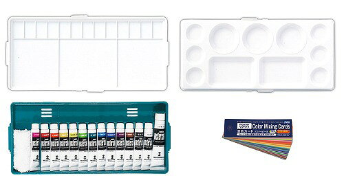 ●商品サイズ（単位mm):138×300×35mm（収納時）●セット内容:13色11mlチューブ各1本＋ホワイト20mlチューブ1本\n混色カード ポスターカラー用120色\nパレット2枚\nミニタオル付●重量（g）:573g●包装サイズ:...