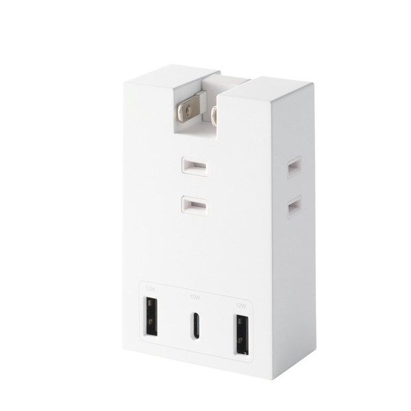 AC差込口3口とUSB Type-C×1、USB-A×2を搭載した、コンセント直挿しタイプの充電用タップ。【特徴】●AC側最大1400W、USB Type-C側最大15W、USB-A側最大12W出力に対応●ホコリ防止シャッターがAC差込口に...