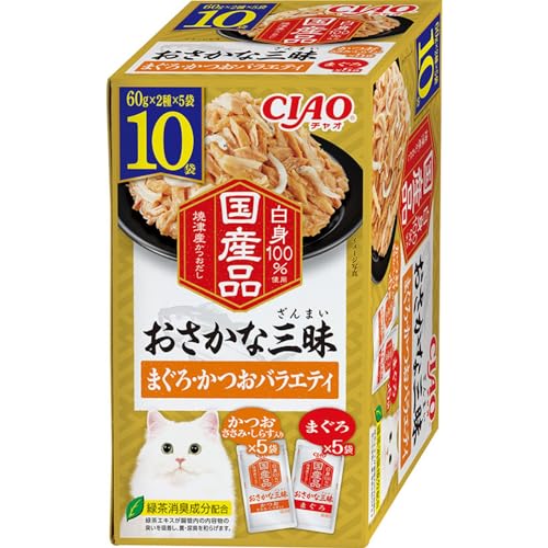 まぐろとかつおの白身フレークを焼津産かつおだしで仕上げたウェットフード。まぐろ5袋とかつお・ささみ・しらス入り5袋のバラエティパック。【特徴】●おさかなの白身100%のフレークを使用●焼津産かつおだしで風味を仕上げている●緑茶エキスが糞尿臭...