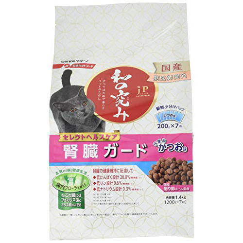 ●乳酸菌の一種「フェカリス菌」とオリゴ糖をW配合し、腸内フローラを整え健康維持をサポート。●リンを約35%減らす等、腎臓の健康維持に配慮したい愛猫のための栄養設計です(JP和の究み1歳から遊び盛りの成猫用比)。●国産削り節ミールを配合したか...