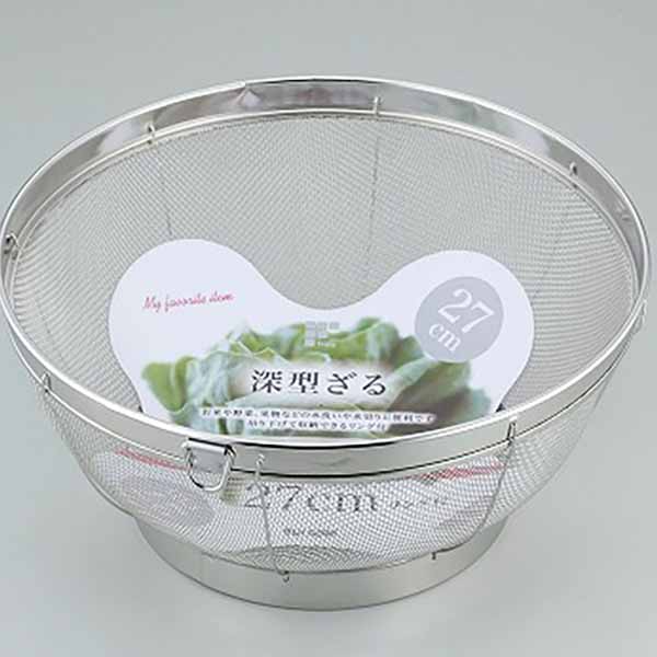 野菜や果物などの水洗いや水切り、洗米に使える深型ざる。吊り下げられるリング付き。【特徴】●ステンレス鋼製で錆びに強い●リング付きで吊り下げ収納ができる【仕様】材質ステンレス鋼サイズ幅28×奥行28×高さ13.2cm（内径27cm）重量0.2...