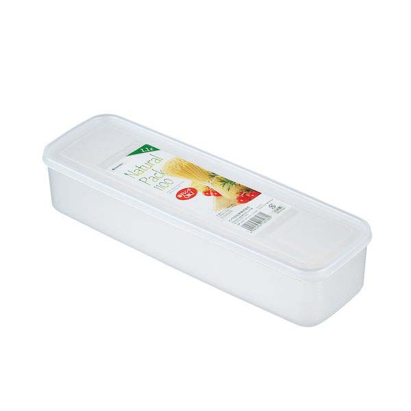 フタを外して電子レンジで加熱できる透明な食品保存容器。【特徴】●フタを外して電子レンジ対応●パスタなど細長い食材の保存に適した形状【仕様】材質本体：ポリプロピレン、フタ：ポリエチレンサイズ幅9.3×奥行29×高さ6cm入数1個内容量1.1L...