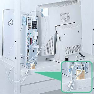 金具を両面テープでパソコンなどに貼り付けるだけの簡単ロックタイプ。■サイズ：取付け金具W50×D50×H30mmワイヤー長/2.0m、ワイヤー直径/3.5mm■セット内容：取付け金具×3、ワイヤー×1、南京錠×1、鍵×2■ワイヤー部材質：亜...