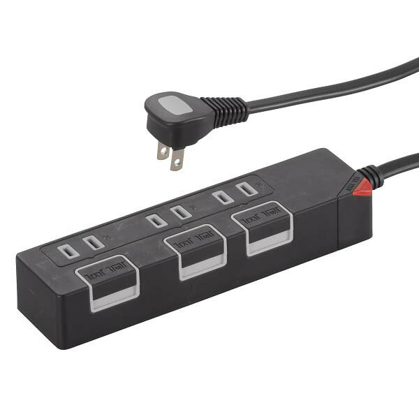 押しボタン式スイッチを備えた3口の延長タップ。個別スイッチで待機電力をカット可能。【特徴】●押しボタン式スイッチで待機電力をカットできる●ランプレス設計でスイッチランプの消費電力もカット●絶縁カバー付きL型プラグでトラッキング火災を防止●二...