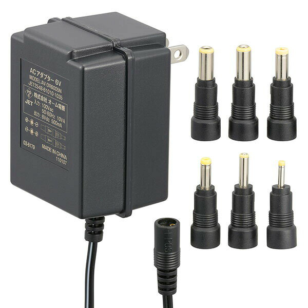 ● DC6V（500mAまで）の外部電源端子付家庭用電気製品にお使いいただけるACアダプターです● 接続端子の形状規格に応じて6タイプの変換プラグが付属しています● ポータブル機器専用● 安定化電源回路搭載● 両極性対応■ 入力：AC100...