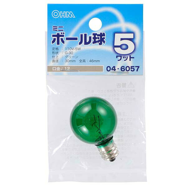 E12口金のグリーン色ミニボール球。装飾・電飾用途に使用されます。【特徴】●透明カラーによりキラリと輝きが見えます【仕様】材質ガラスサイズ直径30×長さ46mm電源110Vカラーグリーン口金E12定格消費電力5W入数1【使用場所】●装飾　●...