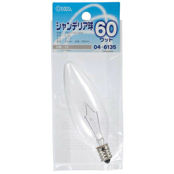 オーム電機のシャンデリア球で、E12口金60Wのクリアタイプです。【特徴】●C-32形状で上向き器具に使用できます【仕様】材質ガラス電源60Wカラークリア口金E12【使用場所】●シャンデリア　●ペンダントライト【ご注意】●下向き器具には使用...
