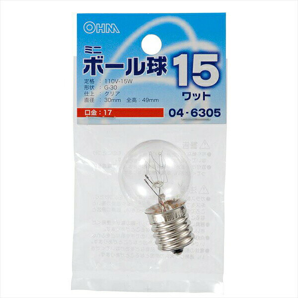 E17口金のミニボール球形白熱電球である。【特徴】●屋内専用の白熱球である【仕様】サイズ直径30×全高49mm電源110Vカラークリア口金E17定格消費電力15W【使用場所】●屋内照明【ご注意】●屋外使用禁止 【検索用キーワード】 クリア ...