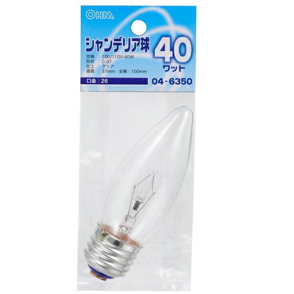 ● 屋内専用（屋外使用禁止）■ 口金：E26■ 定格：100／110V−40W■ 形状：C−37■ 仕上：クリア■ サイズ：直径37mm×全高100mm 【検索用キーワード】 40W E26 クリア OHM オーム電機 おーむでんき ELP...