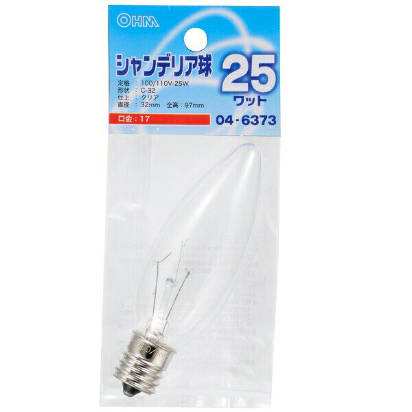 ● 屋内専用（屋外使用禁止）■ 口金：E17■ 定格：100/11V-25W■ 形状：C-32■ 仕上：クリア■ サイズ：直径32mm×全高97mm 【検索用キーワード】 E17 クリア オーム電機 OHM おーむでんき 電球