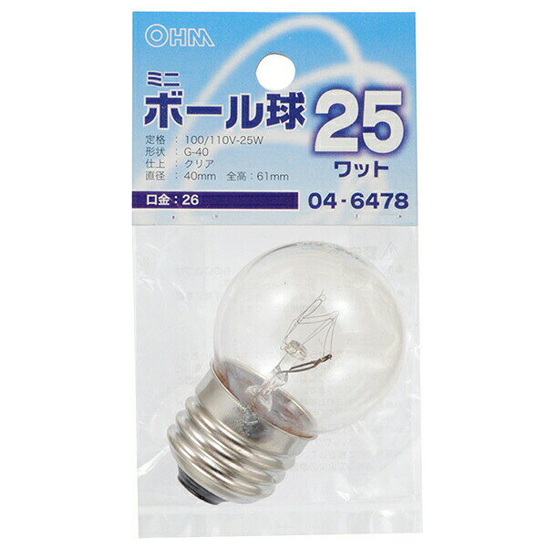 ● ミニボール球 G40 E26/25W クリア● 屋内専用（屋外使用禁止）■ 定格：100／110V−25W■ 形状：G−40■ 口金：E26■ 仕上げ：クリア■ 直径：40mm　全高61mm 【検索用キーワード】 クリア オーム電機 O...