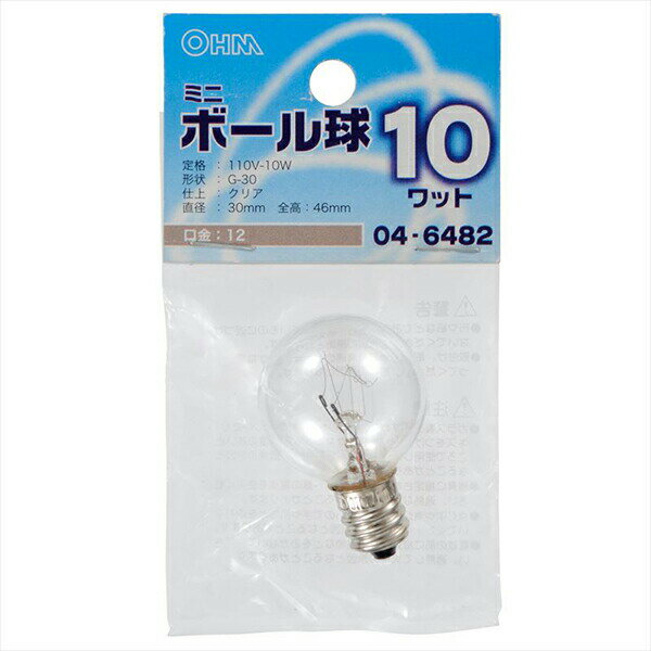 ● ミニボール球 G30 E12/10W クリア● 屋内専用（屋外使用禁止）■ 定格：110V−10W■ 形状：G‐30■ 仕上：クリア■ 口金：E12■ サイズ：直径30×全高46mm 【検索用キーワード】 クリア 15W E12 OHM...