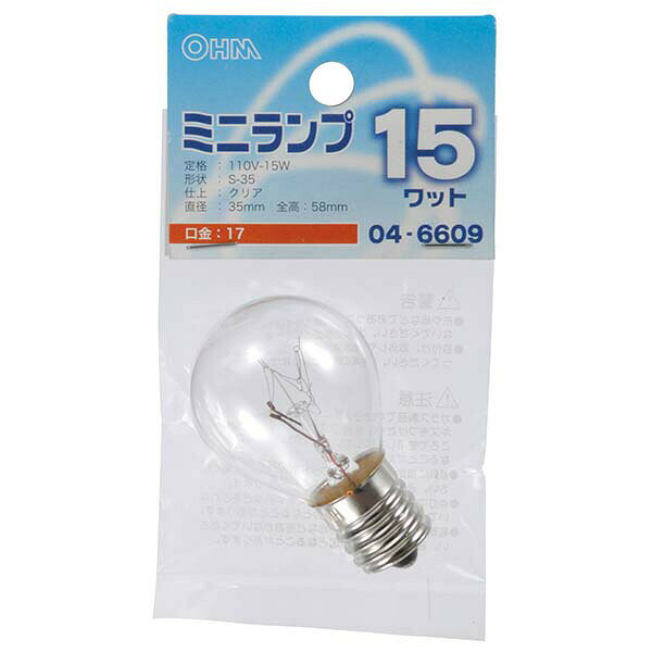 オーム電機製のミニランプ。E17口金の15W定格クリア電球。【特徴】●径35mmの小型ミニランプ形状●E17口金で小型照明器具に対応【仕様】材質ガラスサイズ径35mm（S-35）電源AC100Vカラークリア口金E17定格消費電力15W【使用...