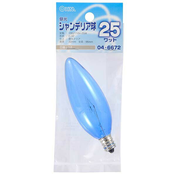 E12口金クリアカラーの昼光シャンデリア球。【特徴】●E12口金タイプのシャンデリア球である●クリアカラーである●昼光色である【仕様】サイズC-32カラークリア口金E12定格消費電力25W【使用場所】●シャンデリア 【検索用キーワード】 E...