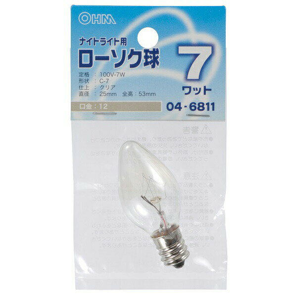 ● 屋内専用（屋外使用禁止）■ 口金：E12■ 定格：100V−7W■ 形状：C−7■ 仕上：クリア■ サイズ：直径25mm×全高53mm 【検索用キーワード】 E12 クリア 照明 OHM おーむでんき オーム電機 電球