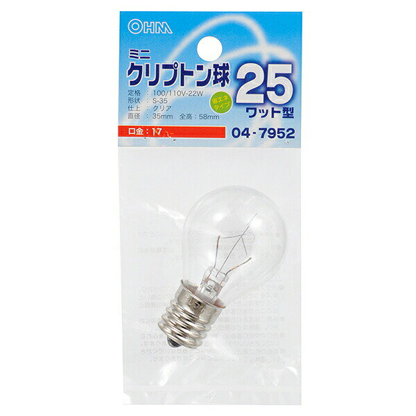 オーム電機製のE17口金クリプトン球。定格22W、S-35形でミニランプサイズ。【特徴】●S-35形のミニサイズ●E17口金対応【仕様】サイズ直径35mm×全長58mm電源100/110Vカラークリア定格消費電力22W口金E17 【検索用キ...