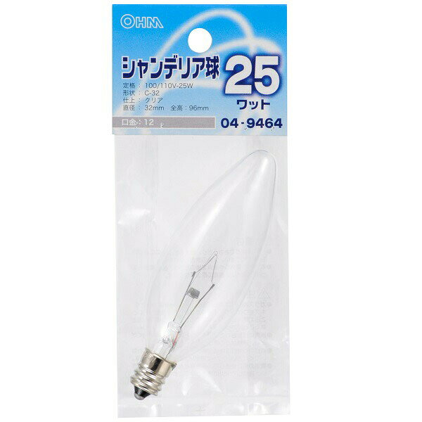 ● 屋内専用（屋外使用禁止）■ 口金：E12■ 定格：100／110V−25W■ 形状：C−32■ 仕上：クリア■ サイズ：直径32mm×全高96mm 【検索用キーワード】 クリア ホワイト E12 40W 60W OHM おーむでんき オ...