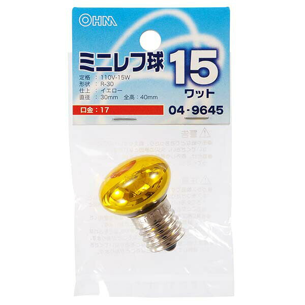 オーム電機のミニレフ球で、R30サイズ、E17口金、15W、イエロー色のレフ型電球です。【特徴】●E17口金のミニレフ球●消費電力は15W【仕様】サイズR30電源交流100Vカラーイエロー口金E17定格消費電力15W【使用場所】●照明器具 ...