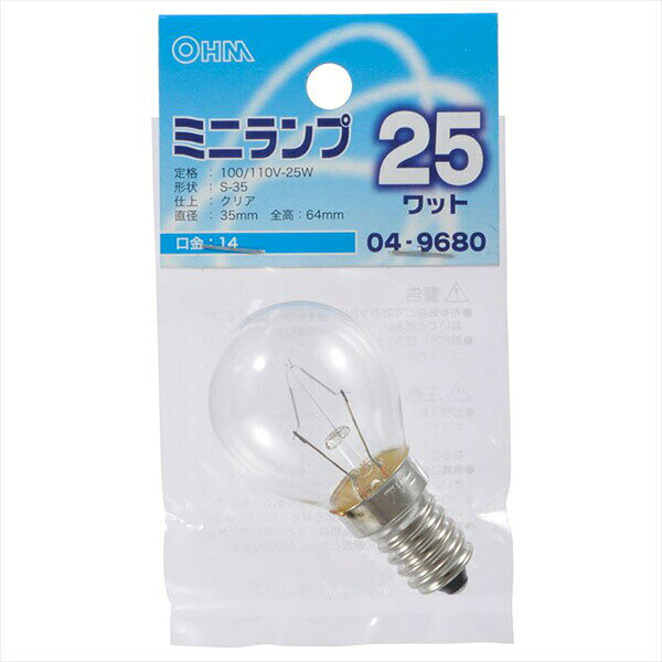 ガラス球の曲線がなだらかなS形をした、口金E14の25W白熱ミニ電球です。【特徴】●S形のなだらかな曲線がある●主に輸入照明器具に使われる【仕様】材質ガラスサイズ直径35×長さ64mm電源100/110Vカラークリア口金E14定格消費電力2...