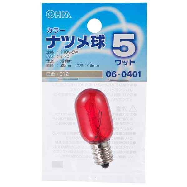 E12口金のクリアレッド色カラーナツメ球。【特徴】●E12口金で一般的なナツメ球ソケットに対応する●クリアレッド色で赤い光を発生する【仕様】サイズT20電源E12カラークリアレッド定格消費電力5W【使用場所】●装飾照明 【検索用キーワード】...