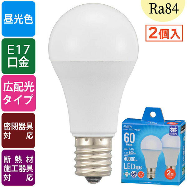 オーム電機製のLED電球で、E17口金の小形サイズ、60形相当の明るさ800lmで、昼光色の広配光タイプ。【特徴】●E17口金のミニクリプトン形LED電球●60形相当の明るさで6.0Wの低消費電力●演色指数Ra84で忠実な色再現●広配光21...