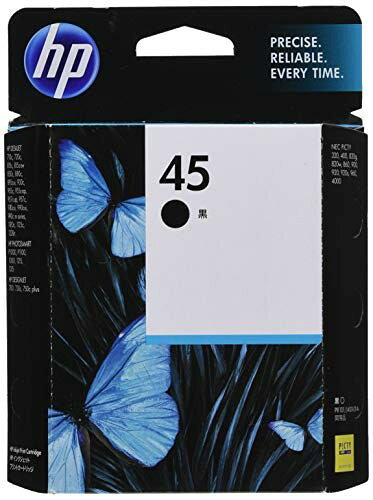 HP 45プリントカートリッジ黒。顔料系インクの純正カートリッジで、複数のDeskJet・Photosmart・Picty・Designjet機種に対応。【特徴】●A4判約930枚の印刷可能枚数【仕様】サイズ幅13.4mm×奥行き16.7m...