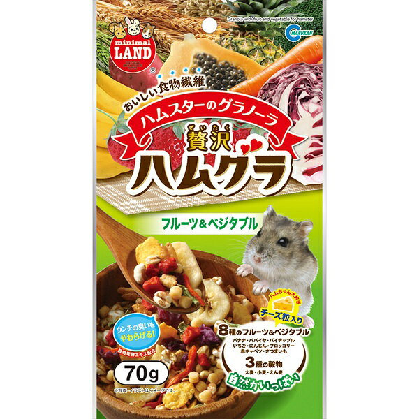 食物繊維たっぷりハムスターのグラノーラサクサクのシリアルに果実と野菜・穀物を贅沢に加えたおやつです。天然食物繊維がおなかのはたらきをサポートします。【対象動物】リス・ハムスターなど・原材料：穀類(大麦、小麦、えん麦等)、糖類、果実類(バナナ...