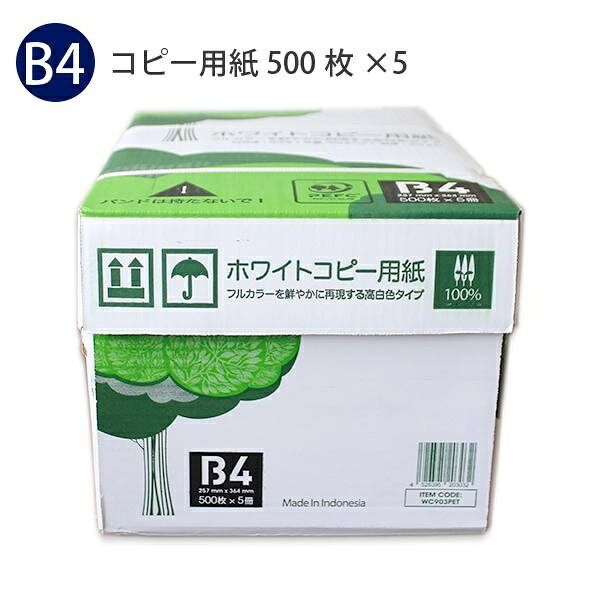 高白色タイプのコピー用紙。B4サイズで2,500枚入り。【特徴】●白色度93%で色の再現性が高い●厚さ0.09mmで程よい厚みがある●カラー印刷と黒色文字の両方に対応【仕様】サイズB4（257×364mm）入数2,500枚（500枚×5ケー...