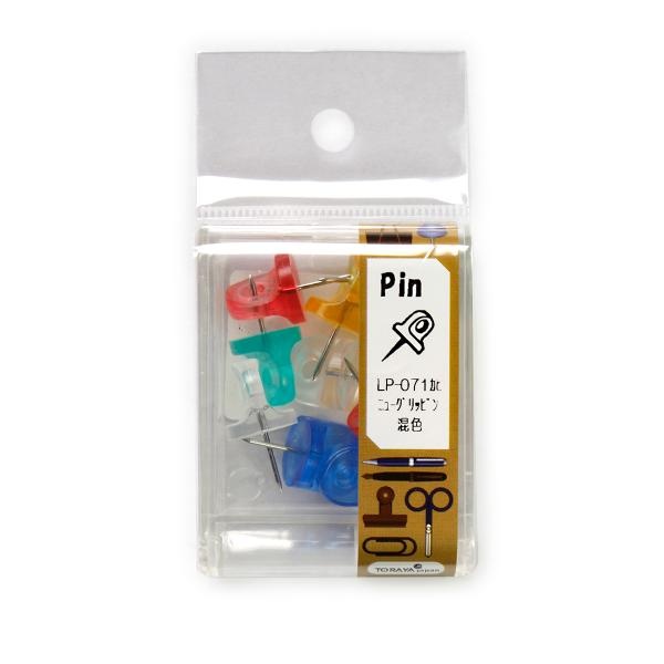 ●抜き差ししやすいつまめる画鋲のニューグリッピン。10本入り。・パッケージサイズ：W50×H65×D20mm・内容：透明混色カラーピン10本入り