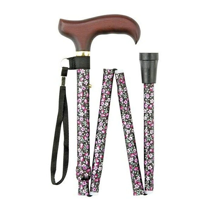 軽量アルミ製で折りたたむと27cmのコンパクトサイズになる女性用の歩行補助杖。【特徴】●身長140〜161cm向けに設計されている●杖先ゴムは16φ（DD-16BK）である●杖が手から離れるのを防ぐストラップが付属している●小花柄の装飾が施...