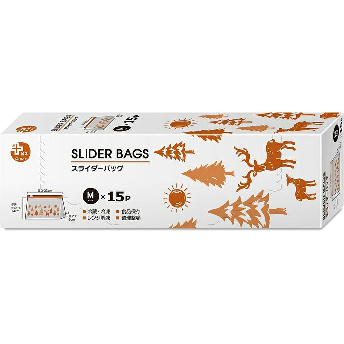 スライダー付きで底マチ付きの食品保存・収納用ジッパーバッグ。Mサイズはオレンジのフォレスト柄。【特徴】●スライダータイプで密閉性がある●底マチ付きで自立する●電子レンジでの解凍に対応（解凍までで、加熱調理には非対応）●サイズごとに異なるデザ...