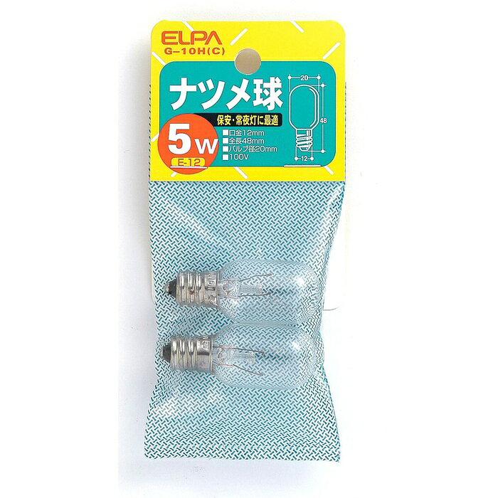 ●保安用・常夜灯・表示灯に適しています。●小形・低ワットで長寿命設計の電球。仕様■定格電圧：100V■定格消費電力：5W■定格寿命：約3,000時間■本体サイズ：全長48×バルブ径20(mm)■口金：E12■入数：2個■カラー：クリア