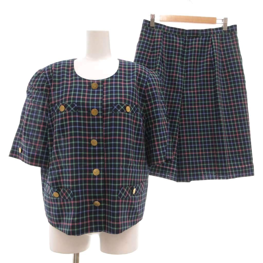 【中古】レリアン Leilian セットアップ スーツ ジャケット ハーフパンツ ウール 13+ 紺 ネイビー 緑 赤 レッド チェック柄 ラウンドネック 半袖 /SX レディース 【ベクトル 古着】 260521ブランドレリアン Leil...
