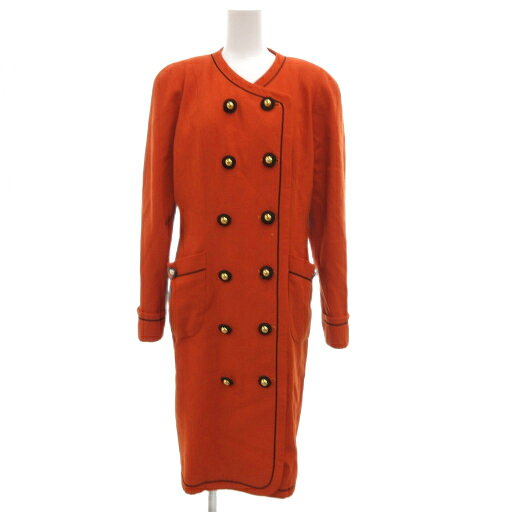 【中古】パリエンヌ PARIENNE ノーカラーコート ダブル ウール 9 オレンジ ダブルブレスト Vネック パイピング ゴールドカラーボタン /JS レディース 【ベクトル 古着】 250926表記サイズ9実寸サイズ肩幅：約38cm　身...