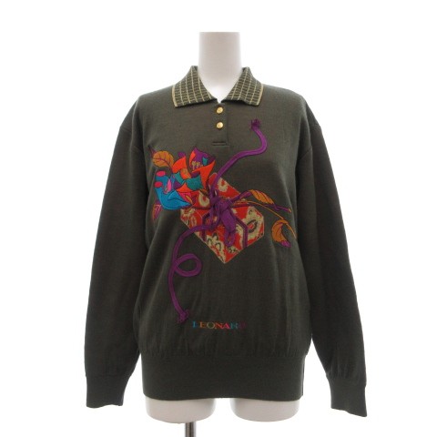 【中古】レオナールスポーツ LEONARD SPORT ポロニット ウール 花柄 リボン装飾 金ボタン カーキ ラメ M /SX ■GY74 レディース 【ベクトル 古着】 260423ブランドレオナールスポーツ LEONARD SPORT...