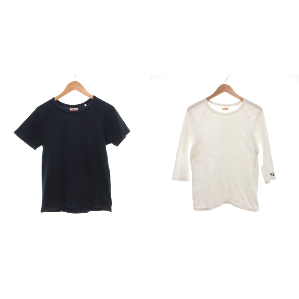 【中古】ハリウッドランチマーケット HOLLYWOOD RANCH MARKET ハリラン Tシャツ カットソー 2点セット 3 紺 ネイビー 白 ホワイト 半袖 七分袖 H刺繍 ストレッチ フライス IBO95 /TQ メンズ 【ベクトル...