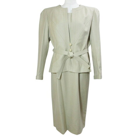 【中古】イツコ ウエダ ITSUKO UEDA プレタポルテ PRET-A-PORTER ワンピーススーツ セットアップ ジャケット ロング ノースリーブ ウール ウエストリボン ベージュ /X 【ベクトル 古着】 260204表記サイズサ...