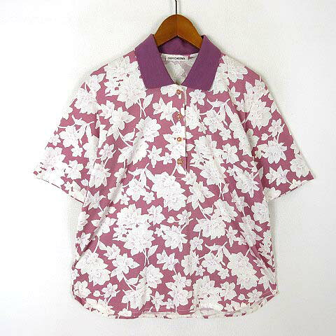【中古】SUN-CHEENA ポロシャツ トップス ブラウス プルオーバー 花柄 パール 装飾ボタン コットン 半袖 M ピンク ラベンダー オフ白 レディース 【ベクトル 古着】 260309表記サイズ表記なし ※M位のサイズ感になります...
