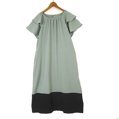 【中古】アビトーキョー ABITOKYO ワンピース バイカラー フレアスリーブ ロング バックリボン 落ち感 とろみ 半袖 M くすみグリーン 黒 ブラック 美品 レディース 【ベクトル 古着】 260427表記サイズM ※実寸サイズのご...